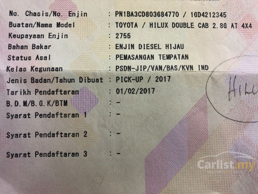Used 2017 Toyota Hilux 2.8 G (A) VNT Mileage 43501KM Full Toyota ...