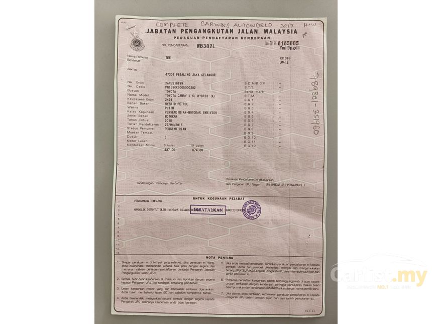 Used 2015 Toyota Camry Hybrid 2.5(A) Ori 72k Toyota Service Record ...